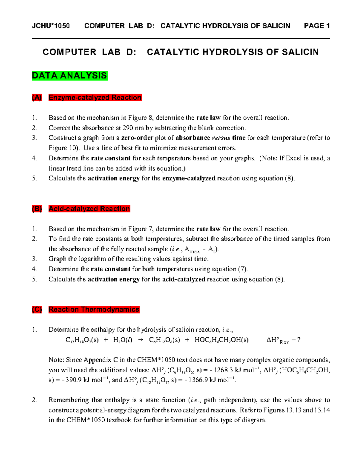JCHU*1050 Computer Lab D Notes: Catalytic Hydrolysis of Salicin - Studocu