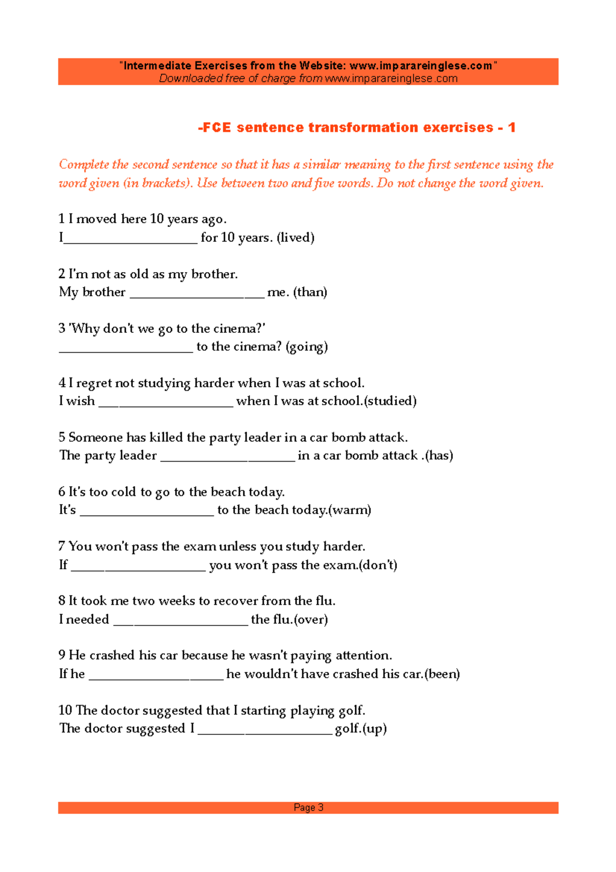 FCE Sentence Transformation Exercises - Comprehensive Guide - Studocu