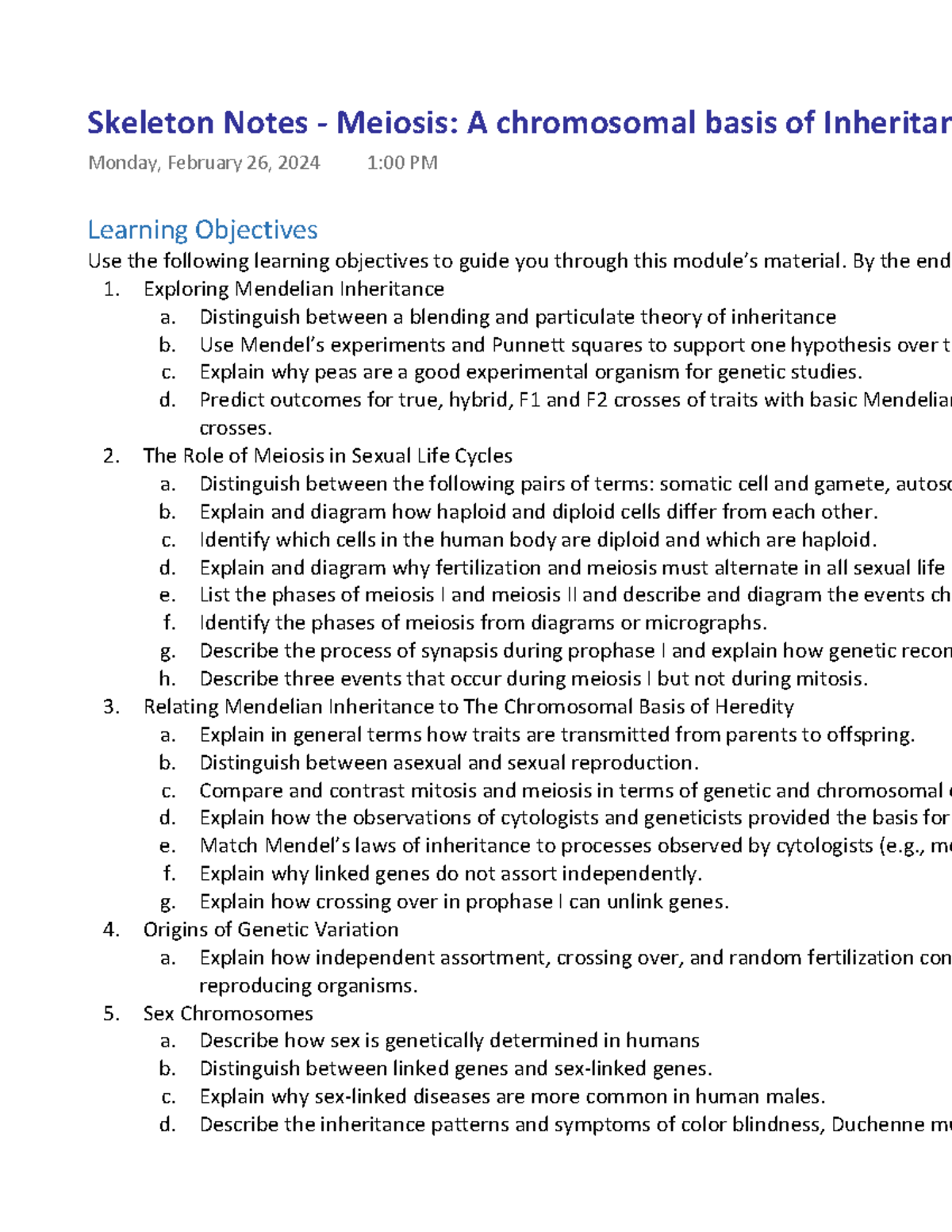 Skeleton Notes on Meiosis and Mendelian Inheritance - Learning ...