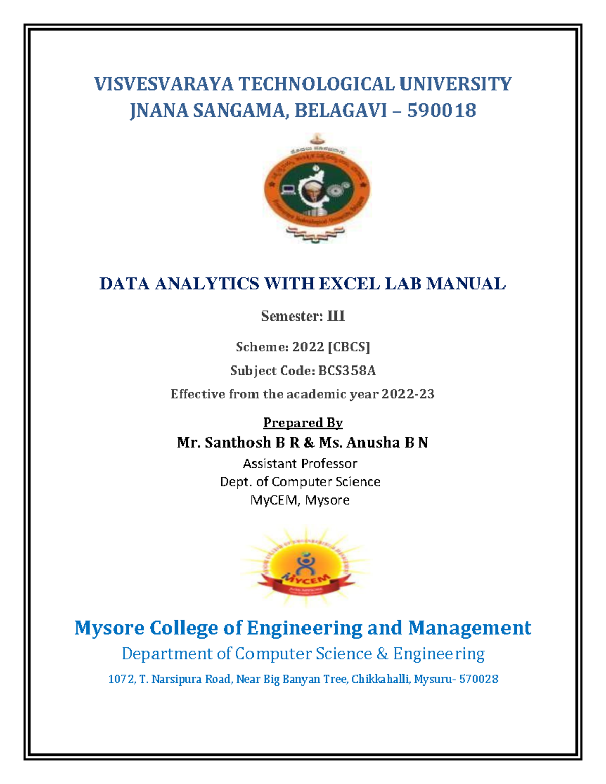 Data Analytics with Excel Lab Manual (BCS358A) - Semester 2022 - Studocu