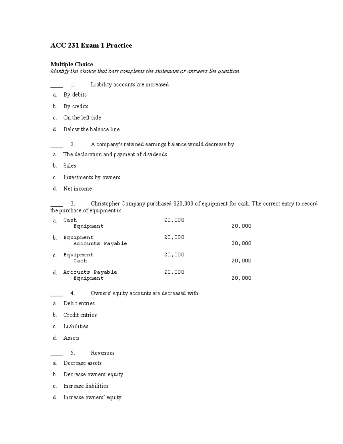 ACC 231 Exam 1 Practice Questions & Answer Key - Studocu