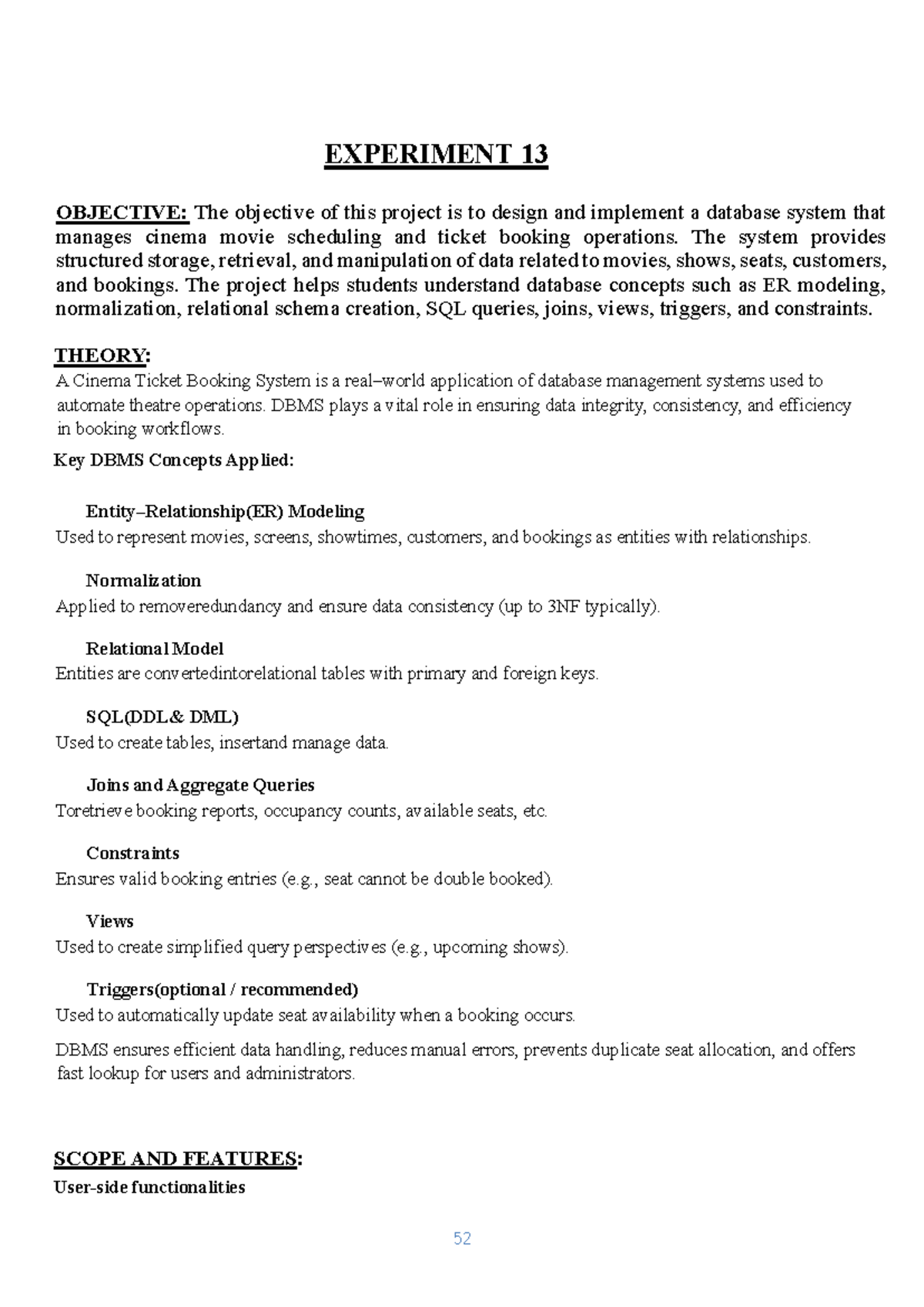DBMS EX 13: Cinema Ticket Booking System Project Overview - Studocu
