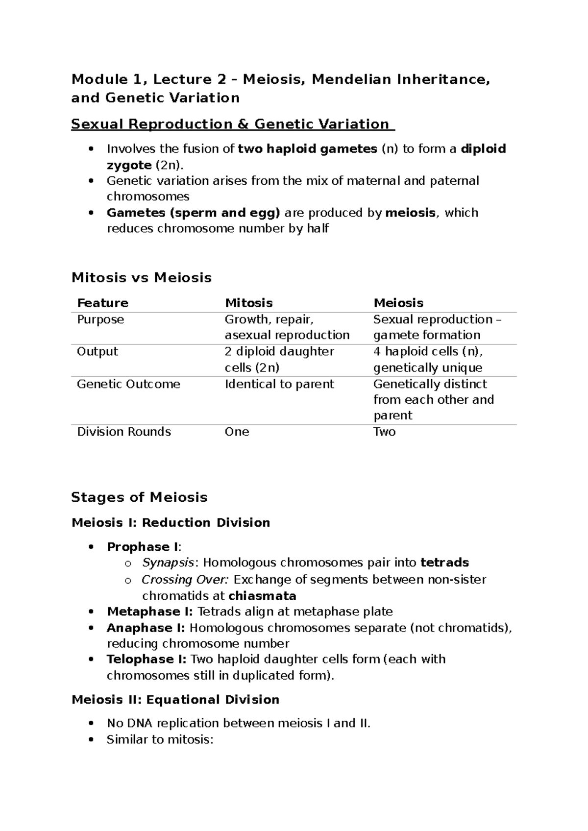 Mod 1, Lec 2 - Meiosis, Mendelian Inheritance & Genetic Variation - Studocu