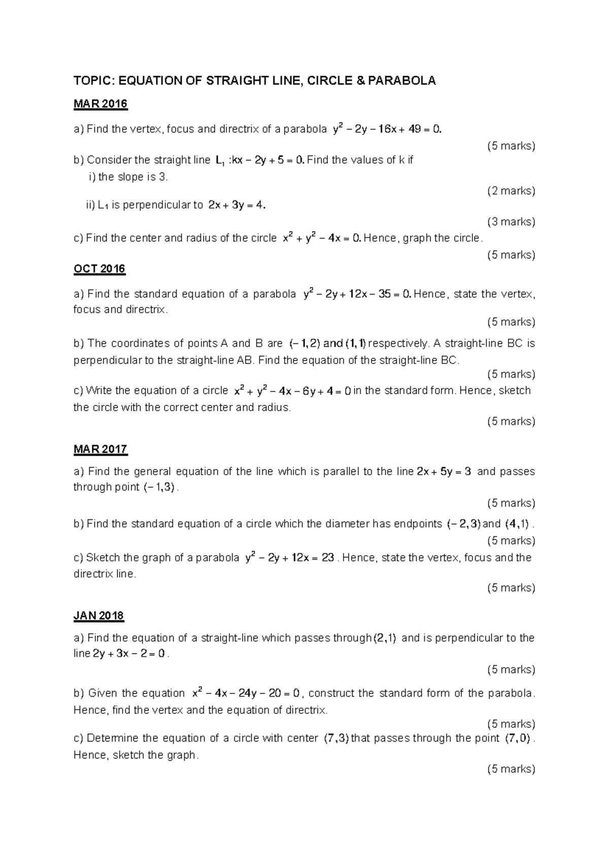 Chapter 1: Equations of Straight Lines, Circles, and Parabolas (MAR-DEC ...