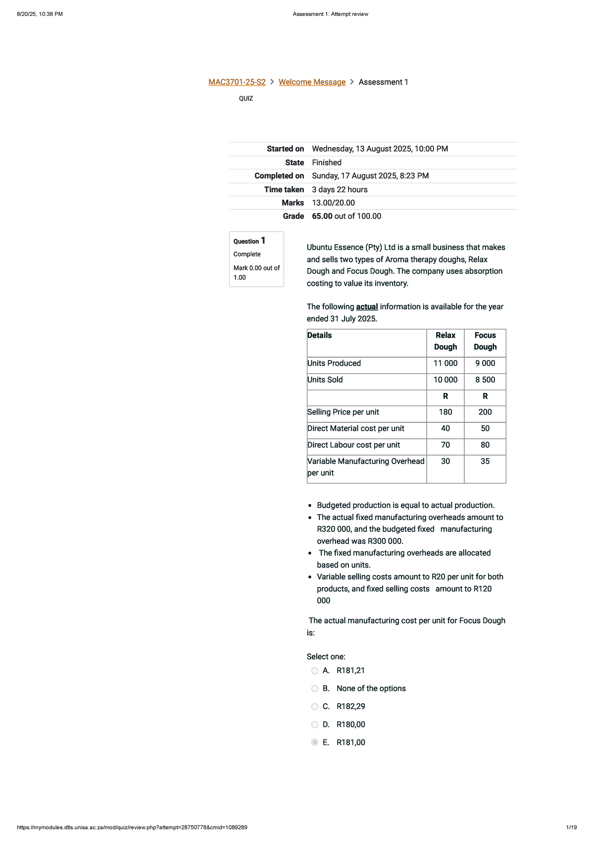 Assessment 1 Attempt Review for MAC3701: Costing Analysis and Inventory - Studocu