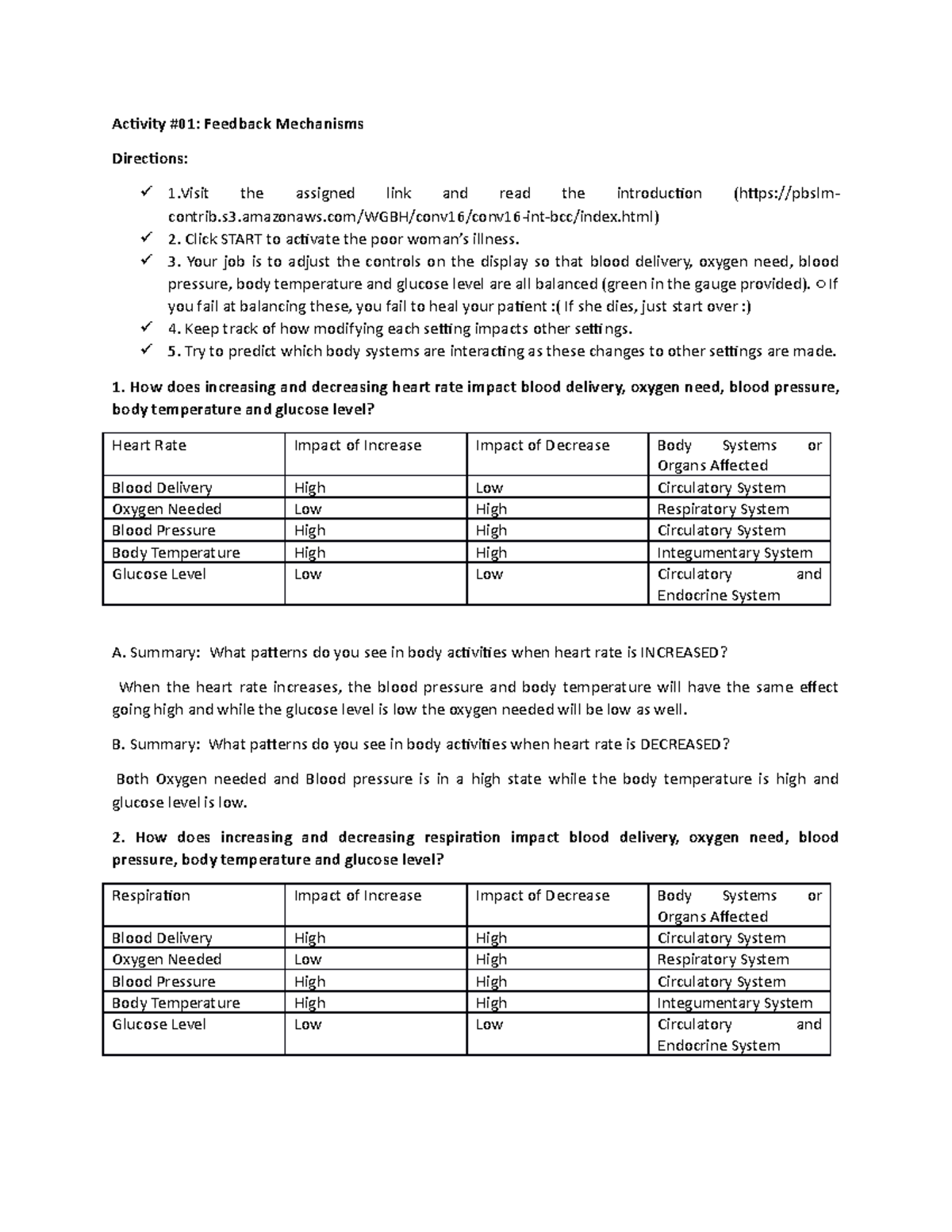 HEA 201: Feedback Mechanisms Worksheet & Answers Activities Analysis ...
