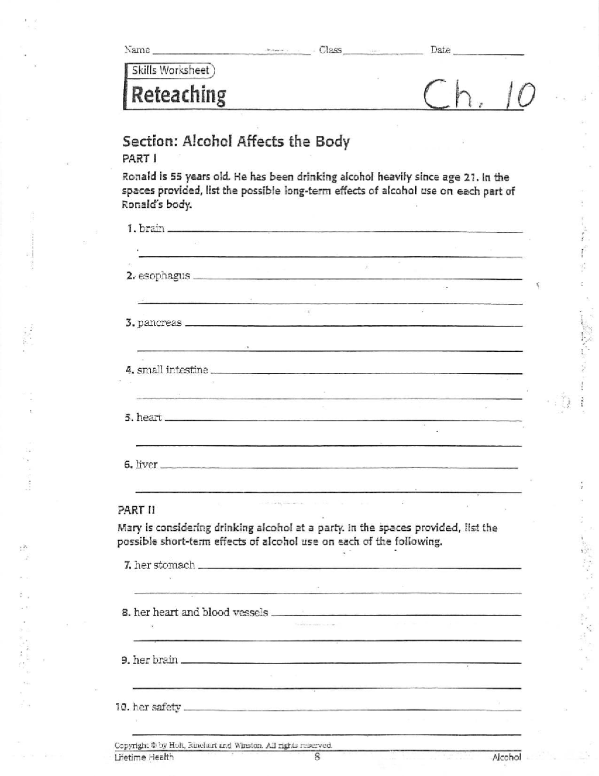 Chapter 10 Skills Worksheet: Effects of Alcohol on Body & Society - Studocu
