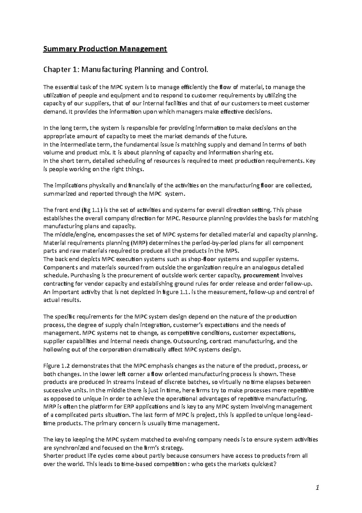 Summary of Manufacturing Planning and Control (MPC) for SCM - Studeersnel