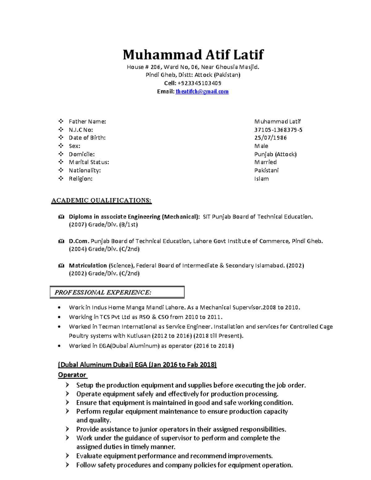 Atif Latif CV - Professional Experience & Academic Qualifications - Studocu