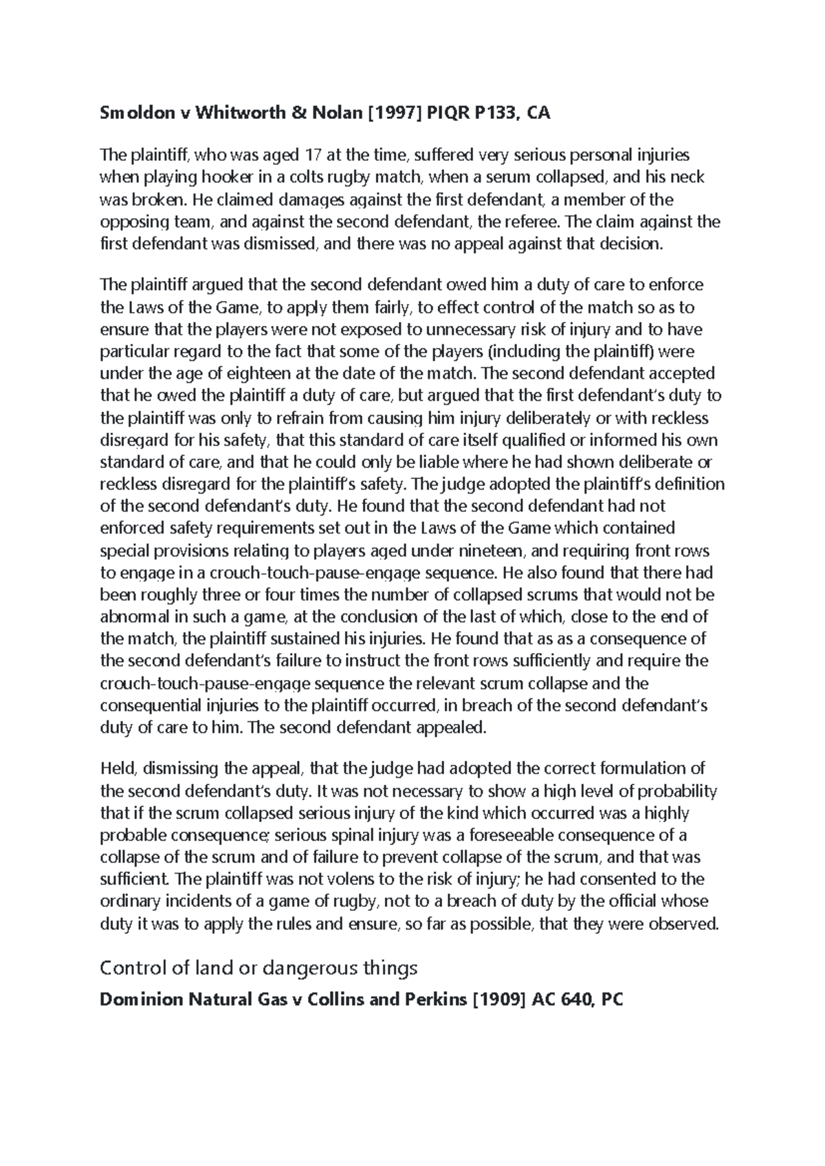 Smoldon v Whitworth: Duty of Care in Rugby Injury Case Analysis - Studocu