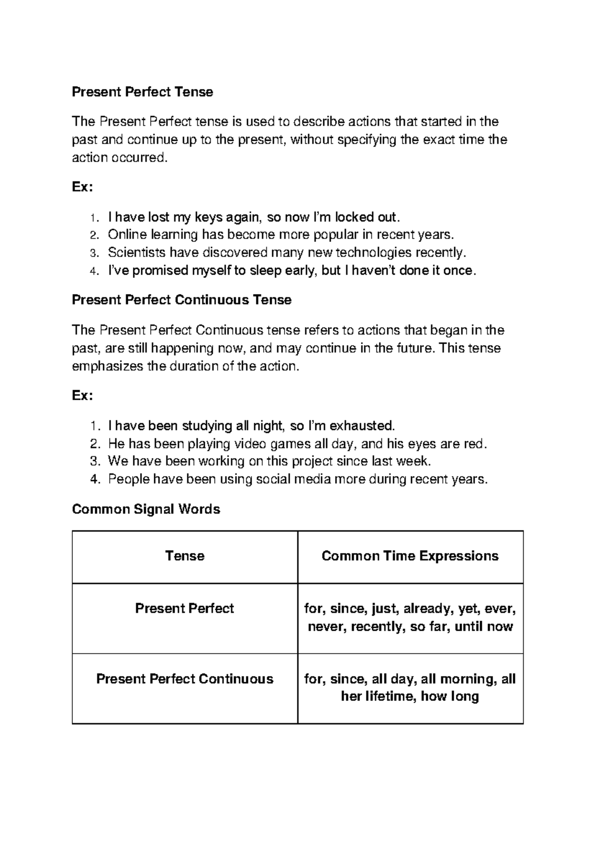 Present Perfect & Continuous Tenses - Grammar Notes - Studocu