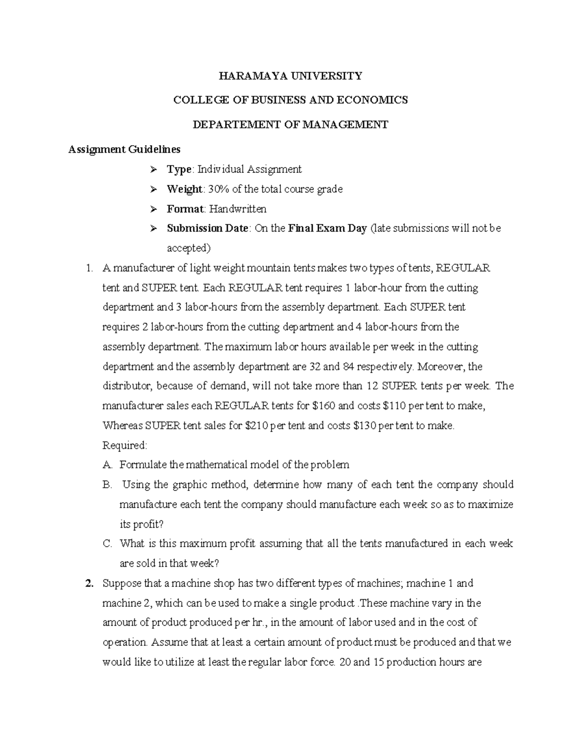 Mathematics for Management: Individual Assignment Guidelines (Final Exam) - Studocu