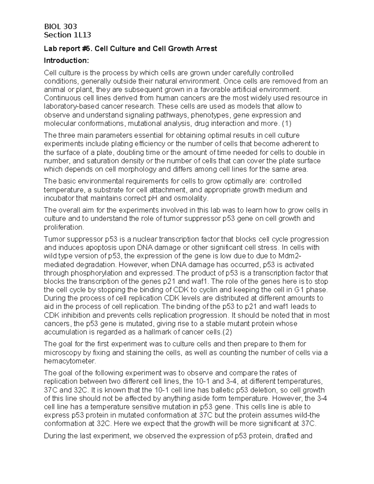 Lab Report 5: Cell Culture & p53 Role in Cell Growth Arrest - Studocu