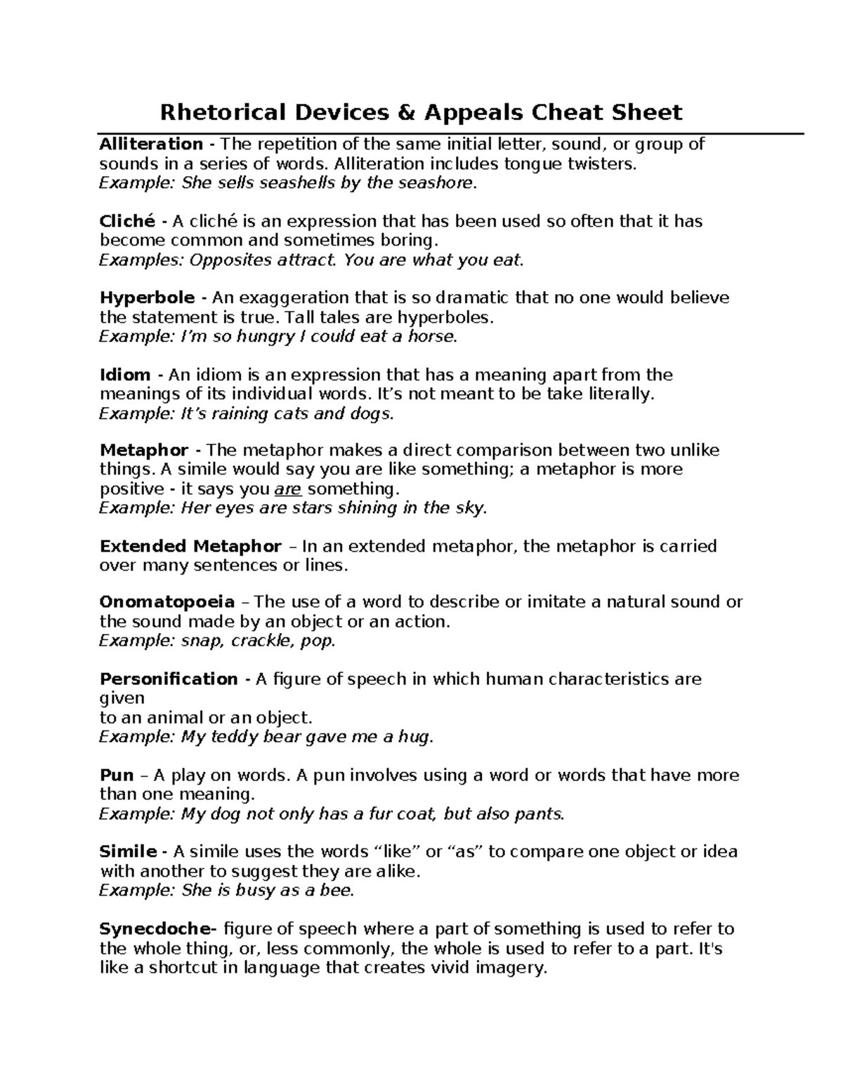 Rhetorical Devices & Appeals Cheat Sheet for Effective Writing - Studocu