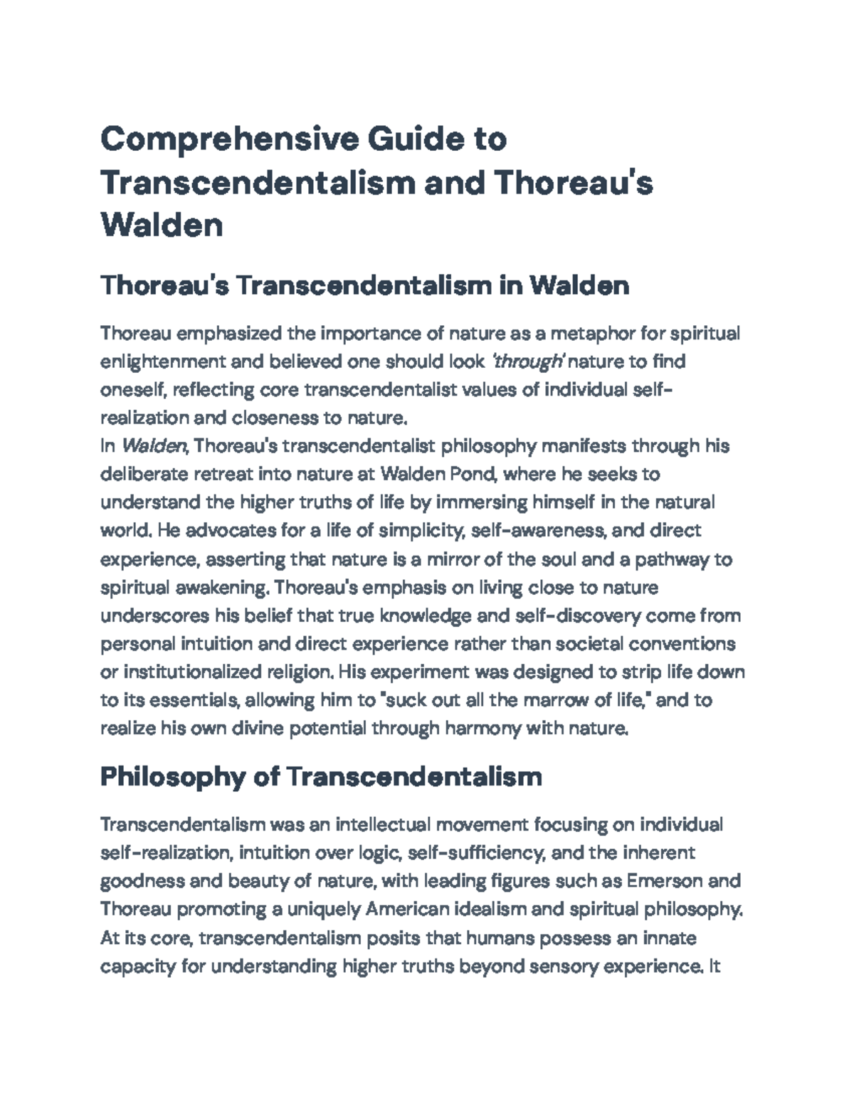 Comprehensive Analysis of Thoreau's Transcendentalism in Walden - Studocu
