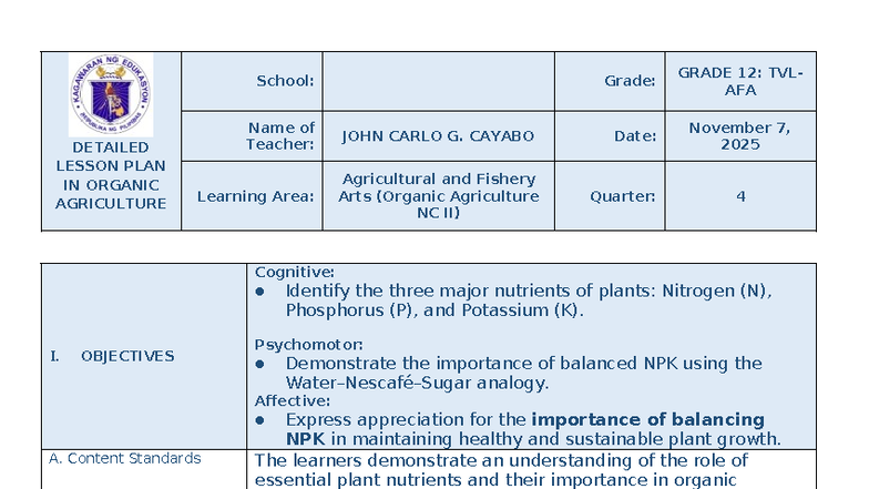 DLP: Detailed Lesson Plan on NPK in Organic Agriculture (Grade 12 ...