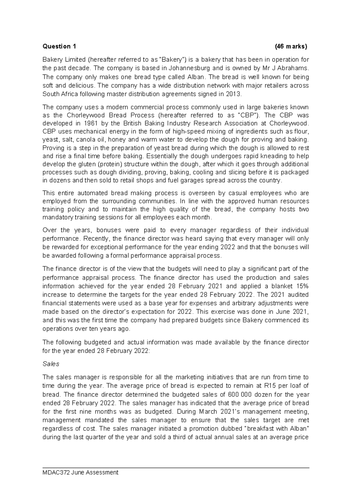 MDAC372 June 2022 Exam Extract: Bakery Limited Case Study Analysis ...