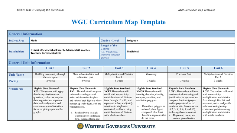 D630 - Curriculum Map Template for 3rd Grade Math Standards - Studocu