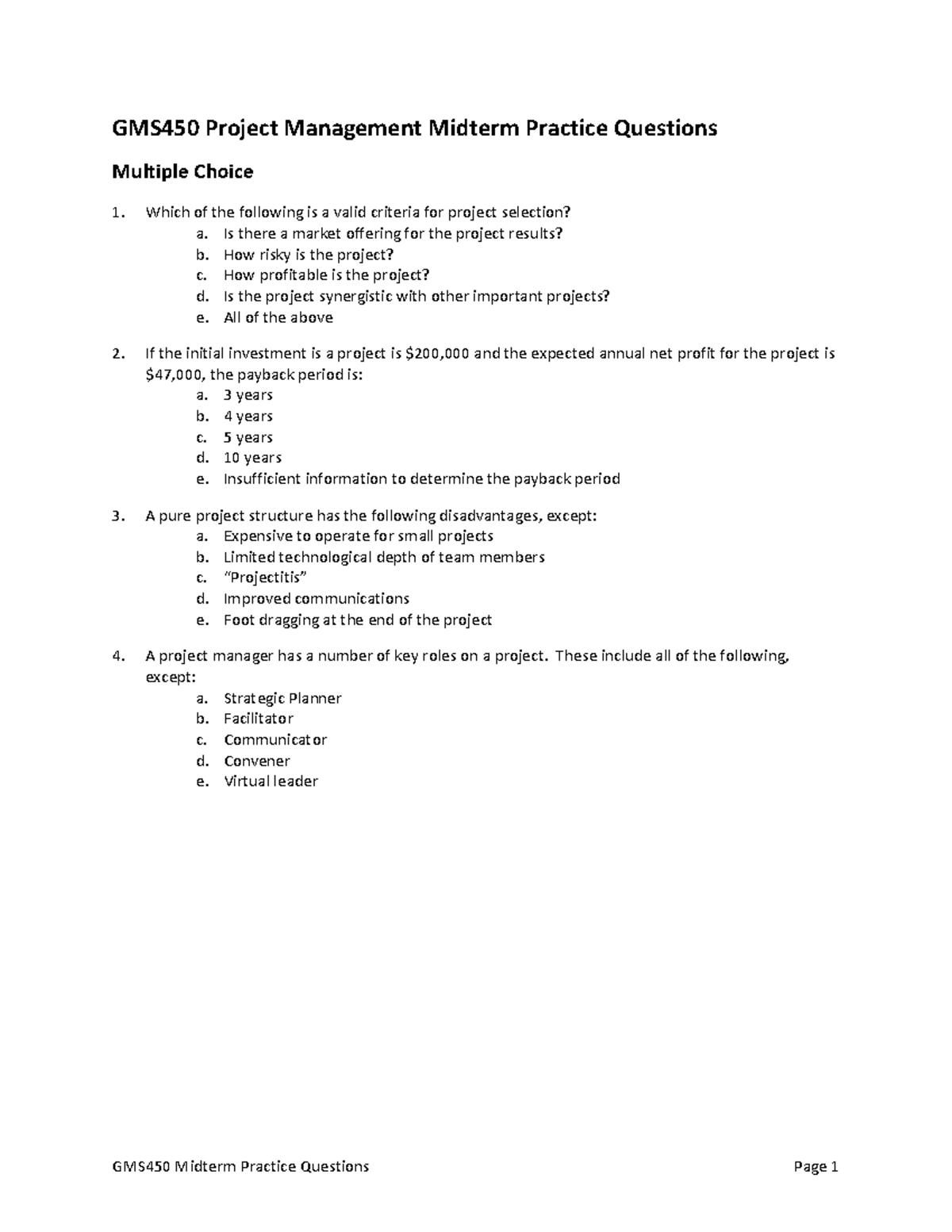 GMS450 Midterm Practice Questions - GMS450 Project Management Midterm ...