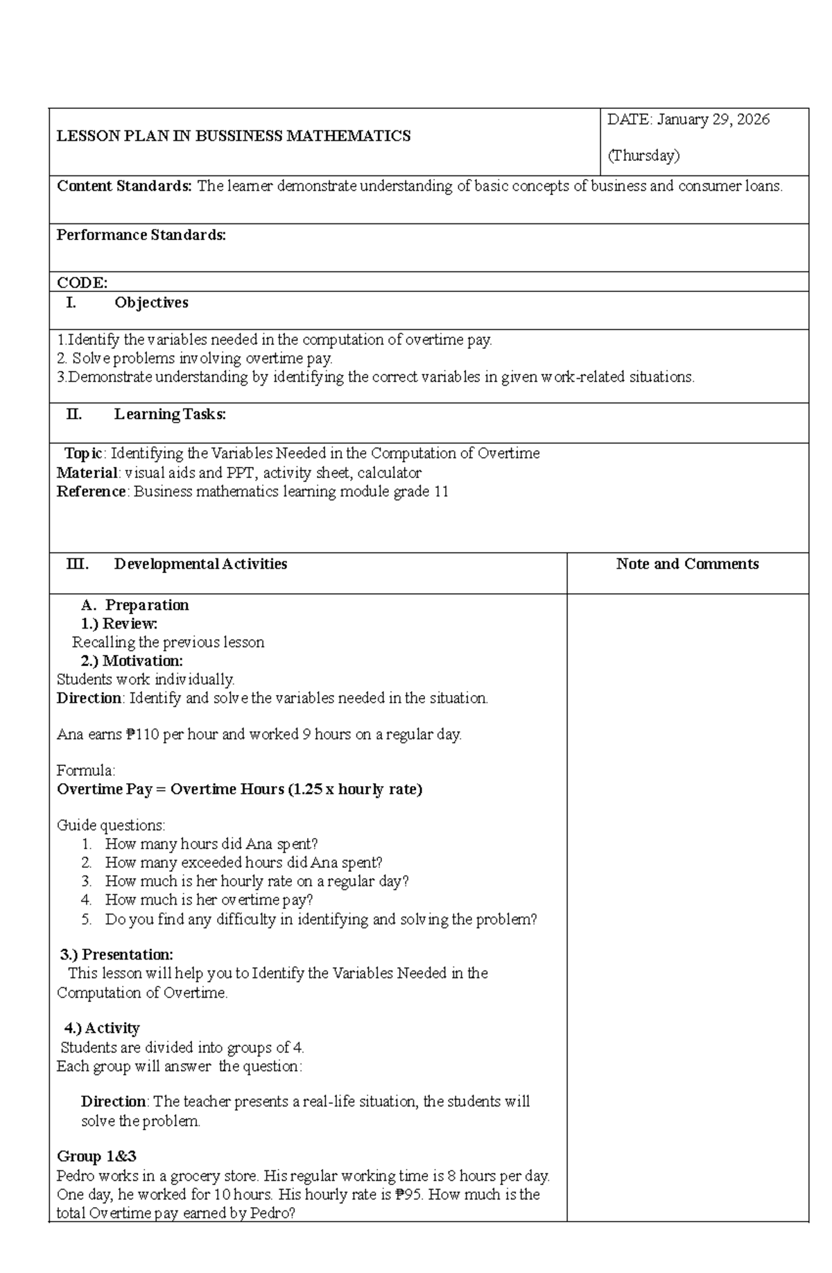 LESSON PLAN IN BUSINESS MATHEMATICS (Grade 11) - Overtime Pay Concepts ...