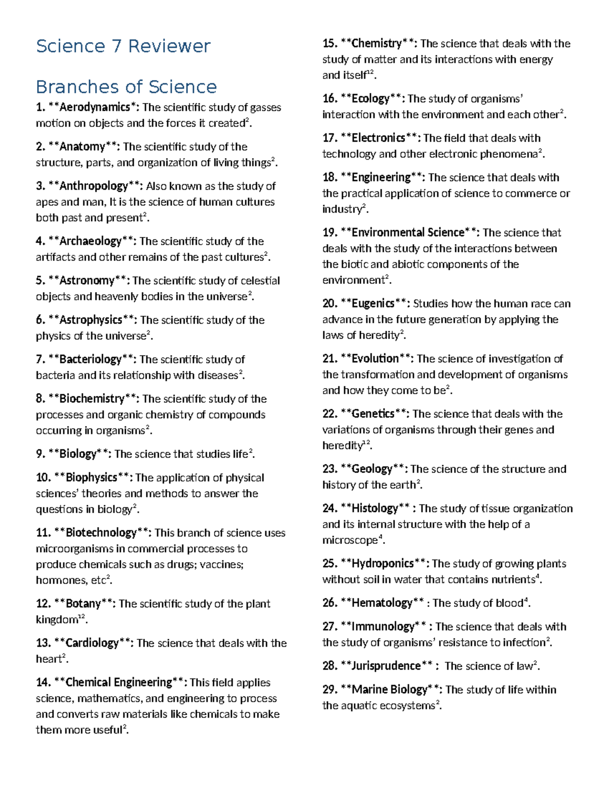 Science 7: Comprehensive Guide to Branches of Science - Studocu