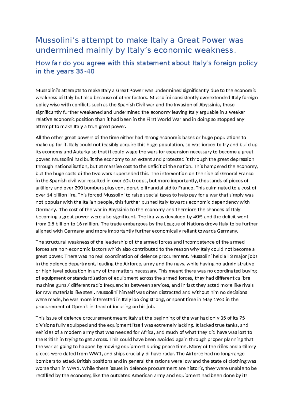 Mussolini's Foreign Policy: Economic Weakness and Its Impact on Italy's ...