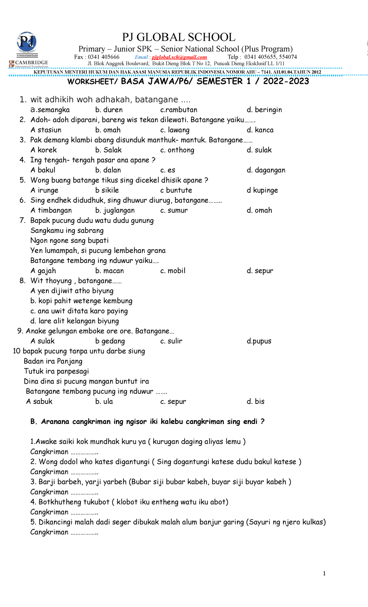 Bahasa jawa - PJ GLOBAL SCHOOL Primary – Junior SPK – Senior National ...