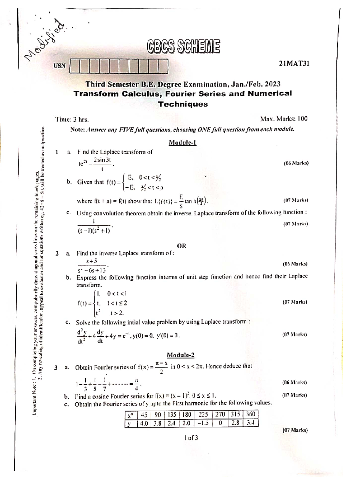 Transform Calculus, Fourier Series & Numerical Techniques - 21MAT31 ...