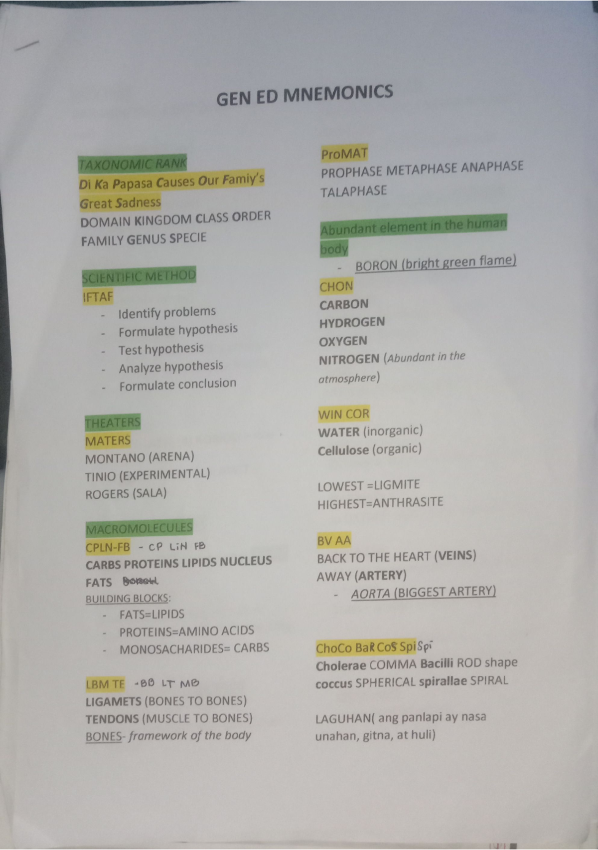 GEN ED Mnemonics for Science Concepts and Terminology - Studocu