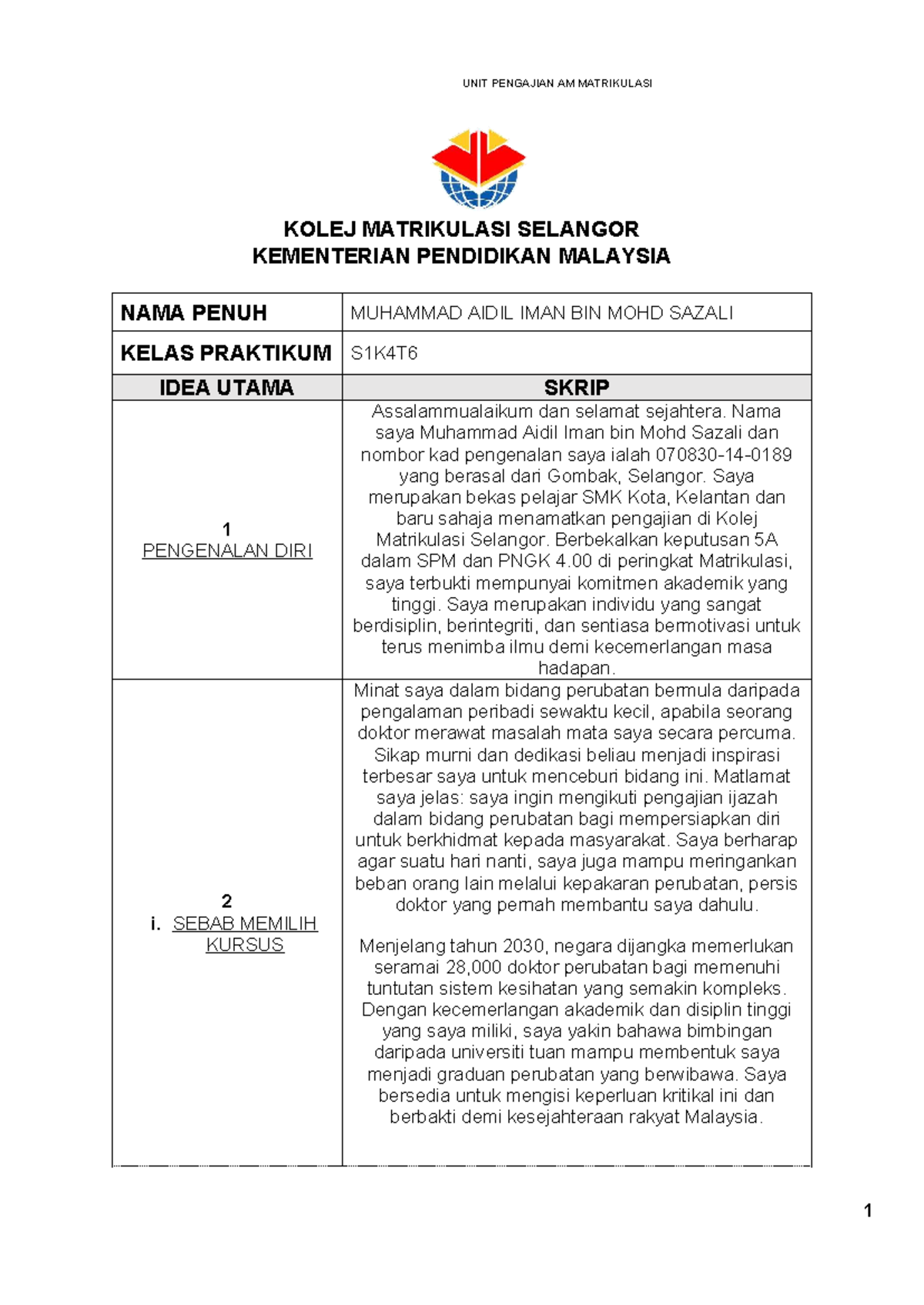 Skrip Video Resume: Pengajian Am Matrikulasi S1K4T6 - Studocu