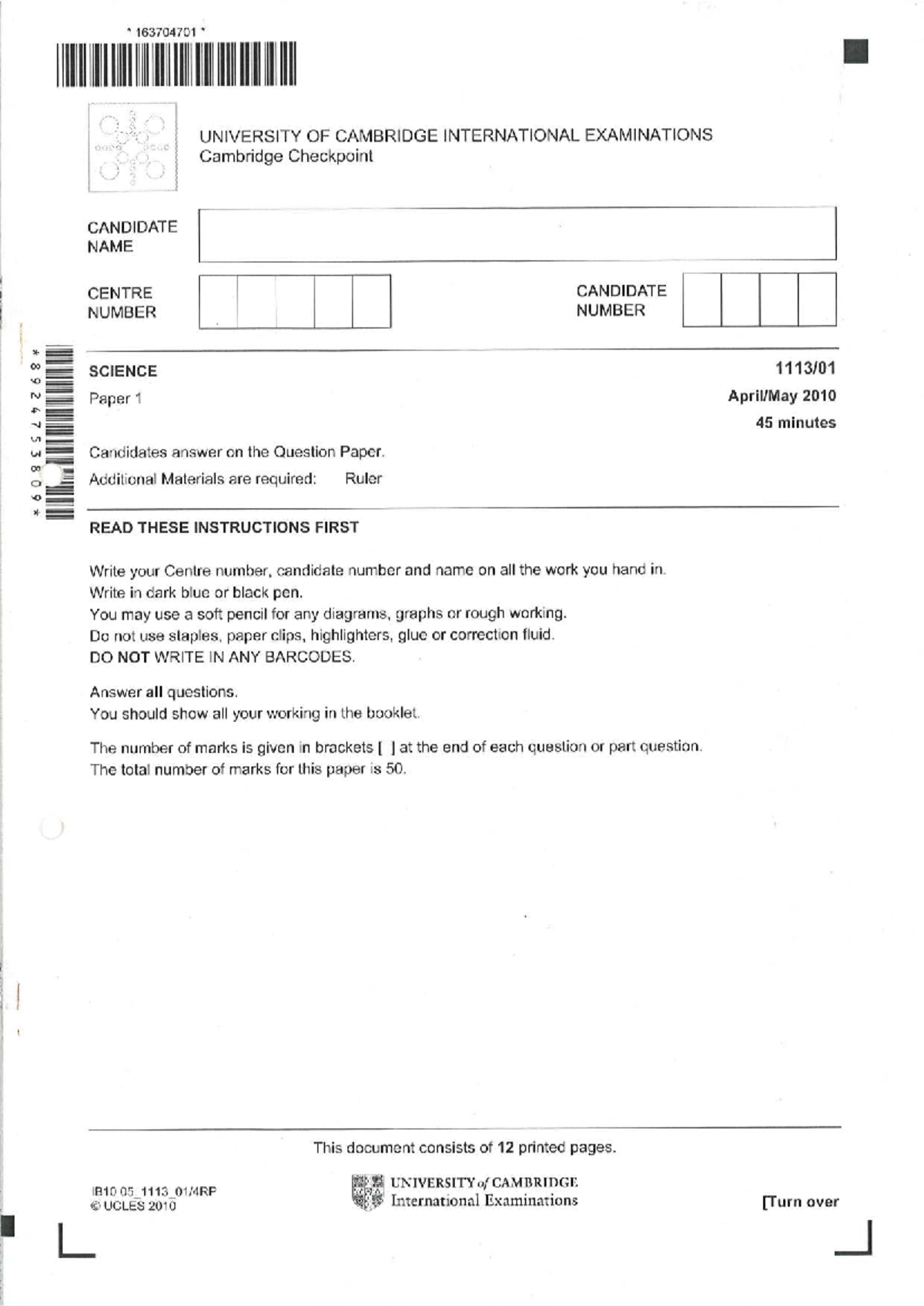 Secondary Checkpoint Science (1113) April 2010 Paper 1 Exam - Studocu