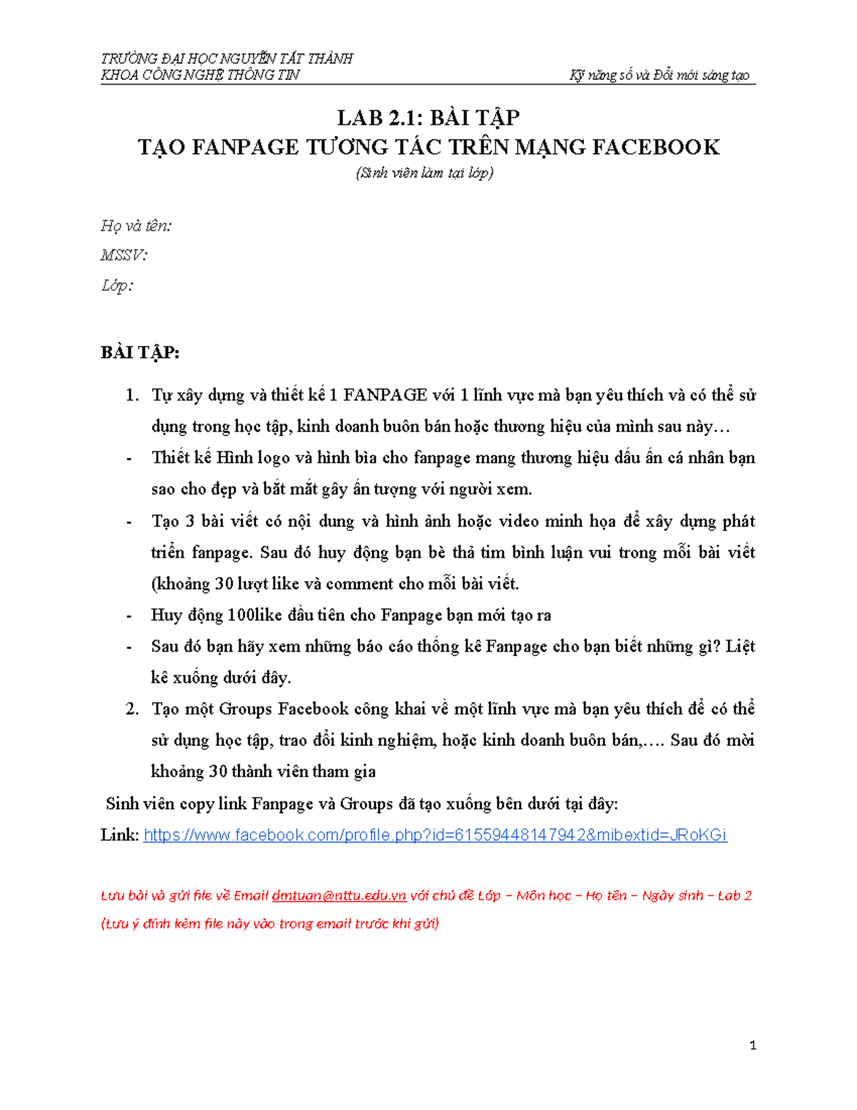 LAB 2-1 Bai Tap Tao Fanpage Tren Fackyxebook - TRƯỜNG ĐẠI HỌC NGUYỄN ...