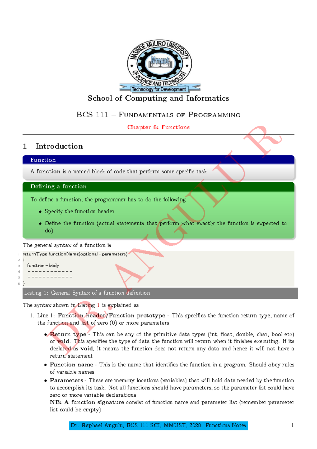 BCS 2020: Chapter 6 Functions - Introduction to Function Definitions - Studocu