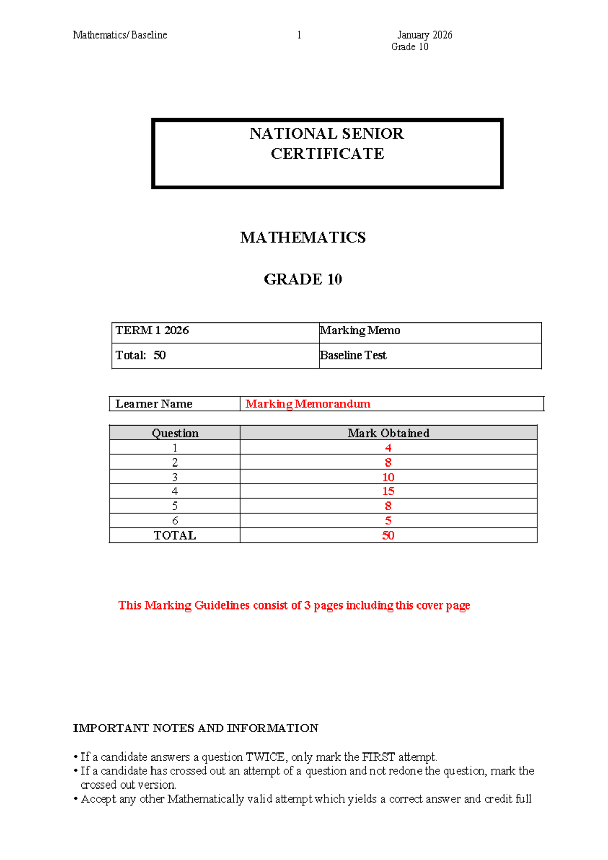 MEMO 2026 Baseline Test G10 Math Term 1 Marking Guidelines - Studocu