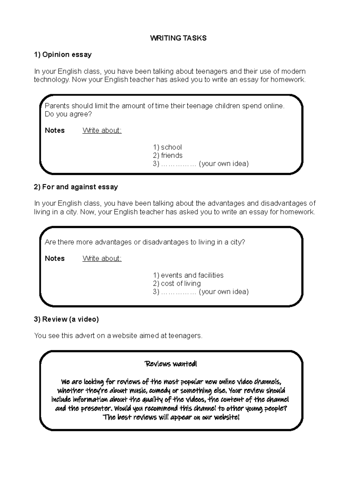 ENG 101: Writing Tasks - Opinion & For/Against Essays - Studocu