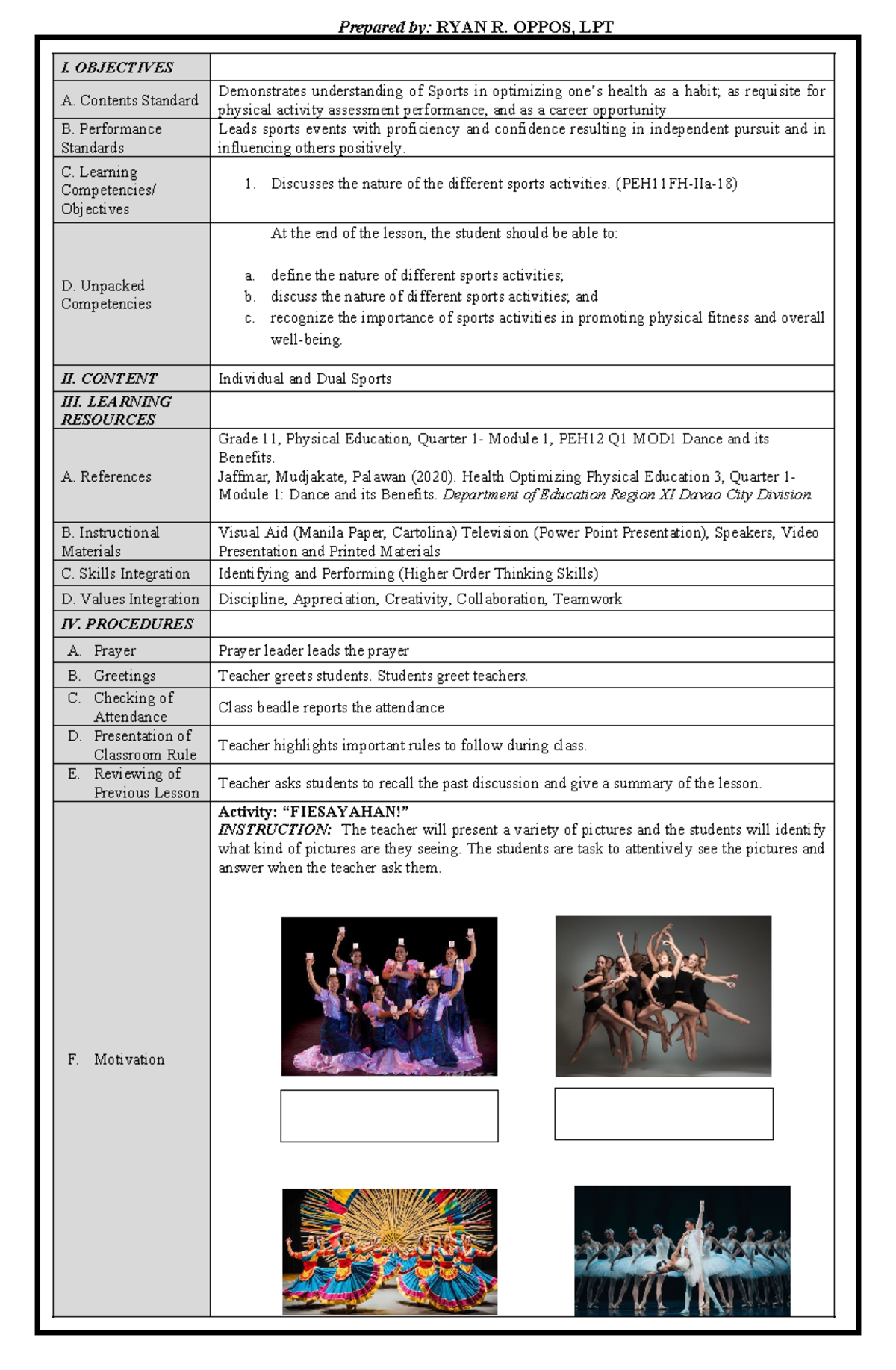Teaching Lesson Plan on Sports & Dance Activities (PEH11FH-IIa-18 ...