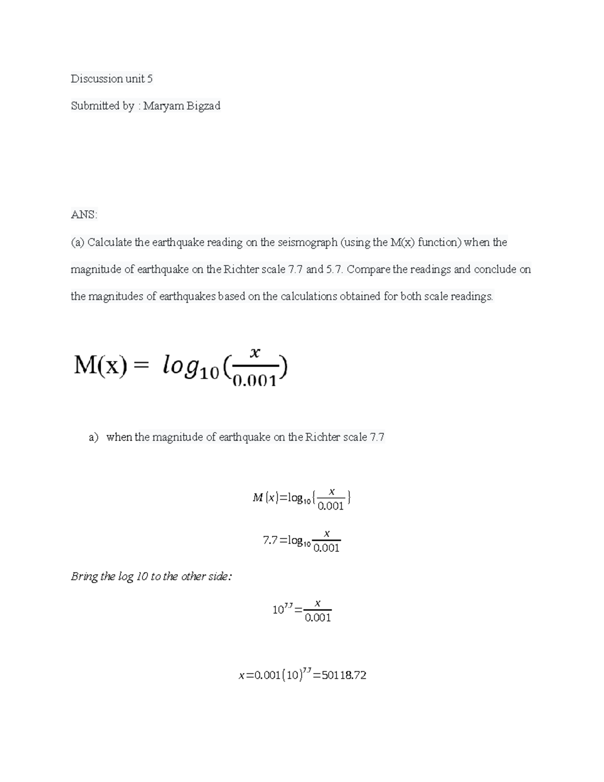 Collage Algebra Discussion Unit 5: Earthquake Magnitude Analysis - Studocu