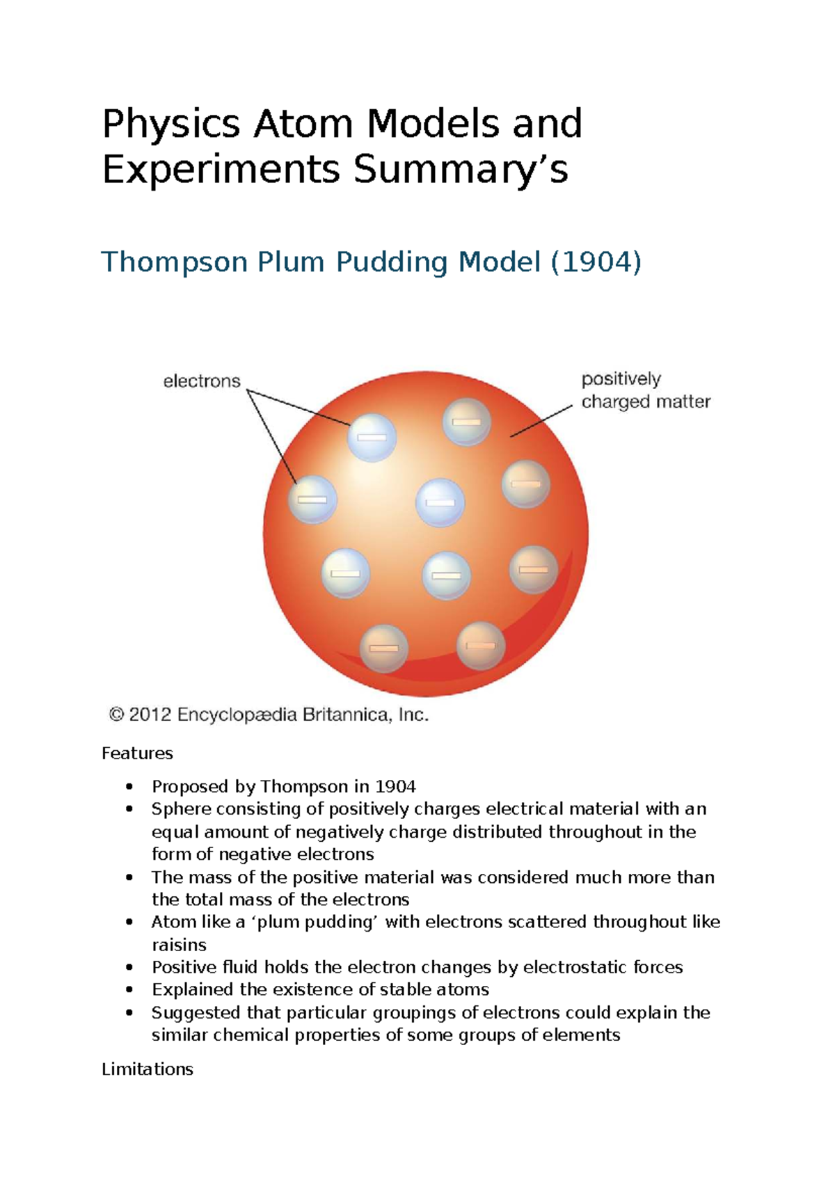 Physics Atom Model Summary: Key Experiments and Theories - Studocu