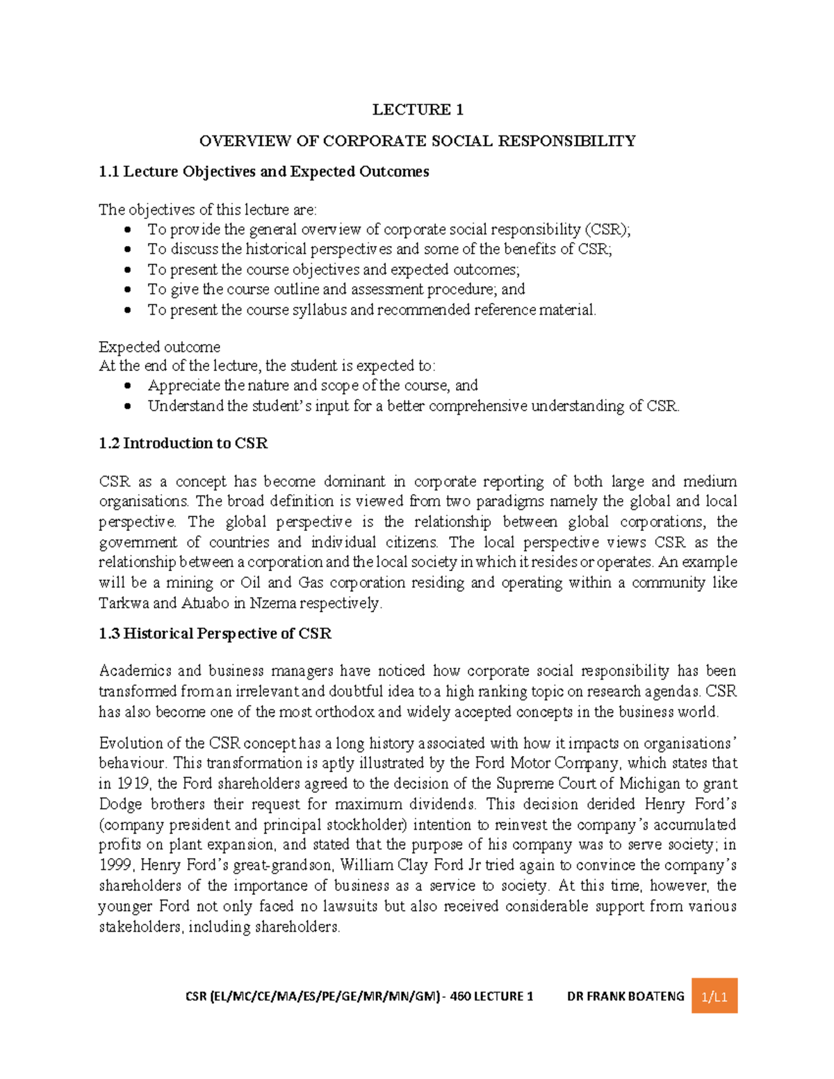 CSR - Past questions - LECTURE 1 OVERVIEW OF CORPORATE SOCIAL RESPONSIBILITY 1 Lecture ...