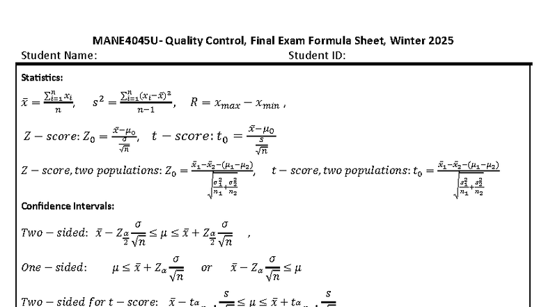 Quality Control, Final Exam Formula Sheet, MANE4045U Winter 2025 - Studocu