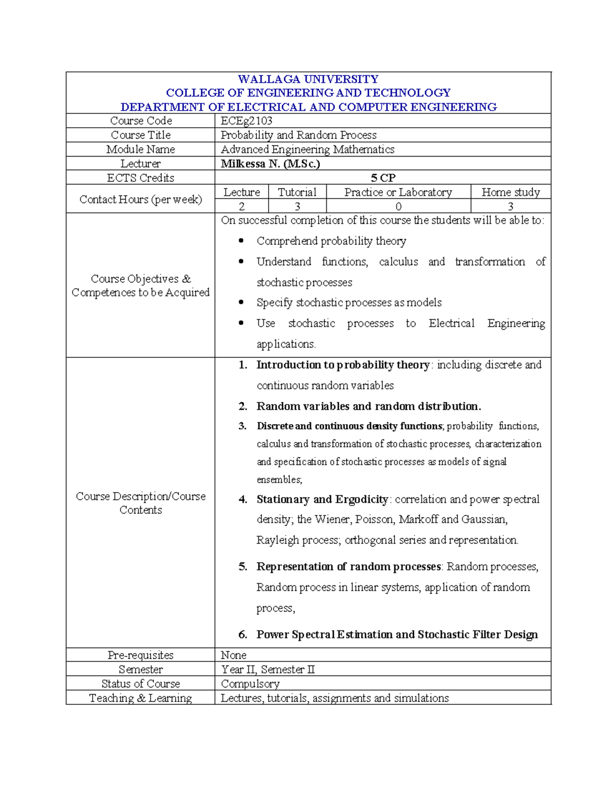 ECEg2103 Advanced Engineering Mathematics: Probability & Random Process - Studocu