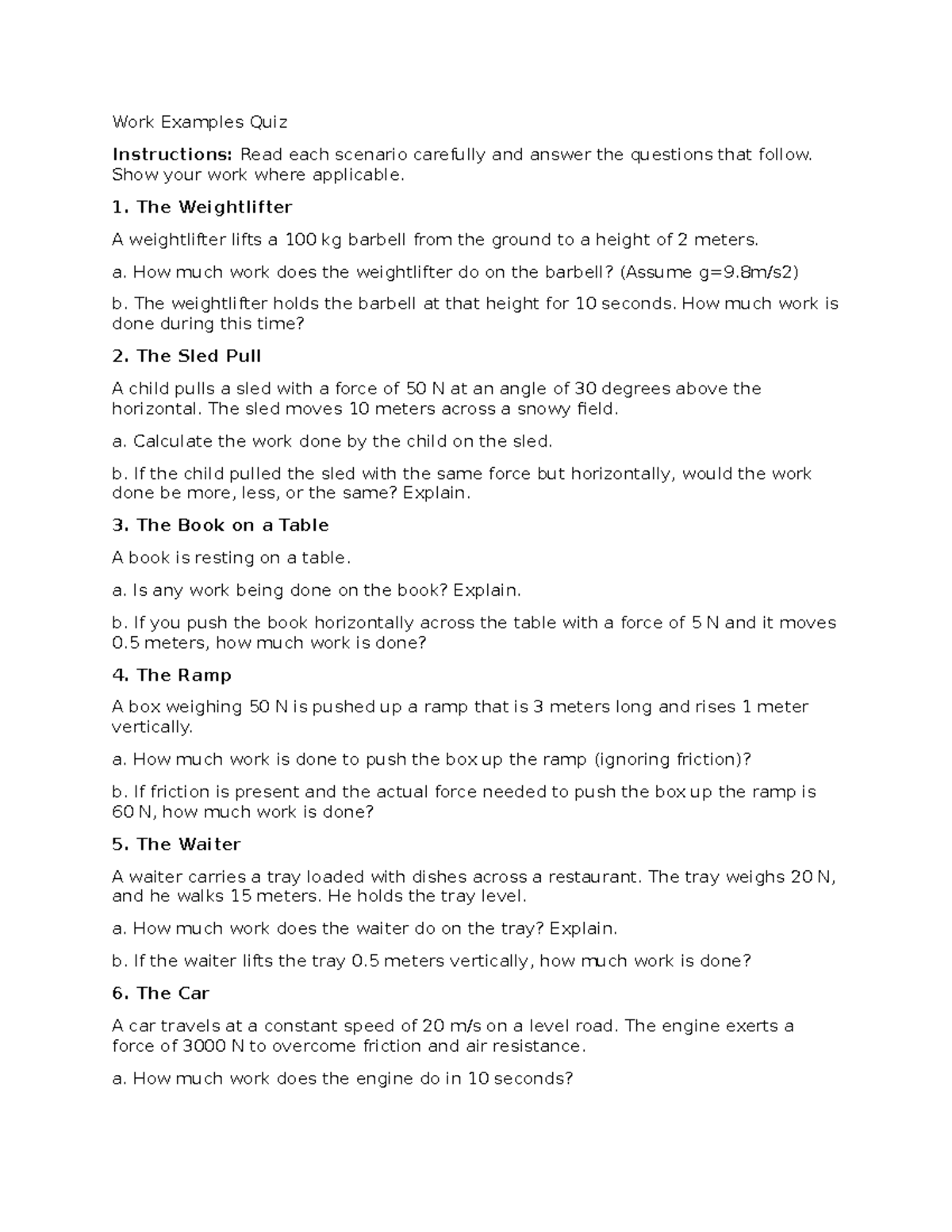 Work Examples Quiz (Course Code: WORK) Instructions and Solutions - Studocu