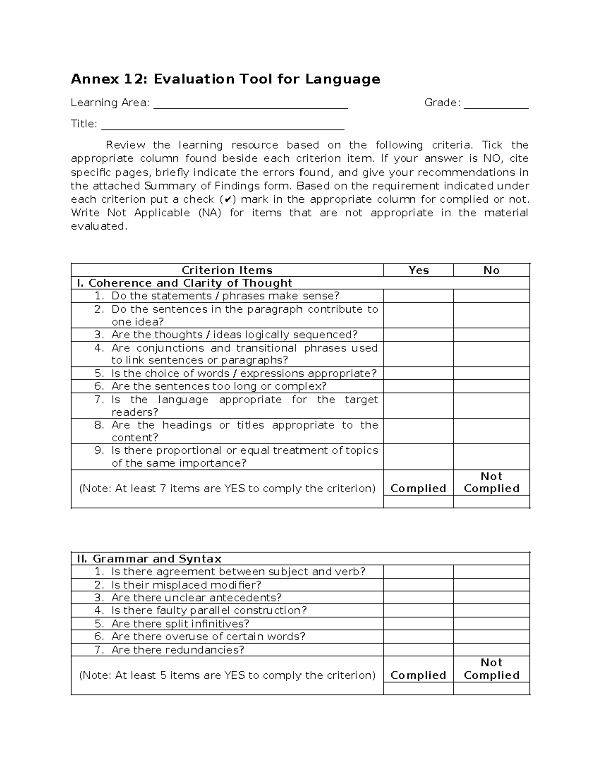 Annex 12: Evaluation Tool for Language Learning Criteria - Studocu