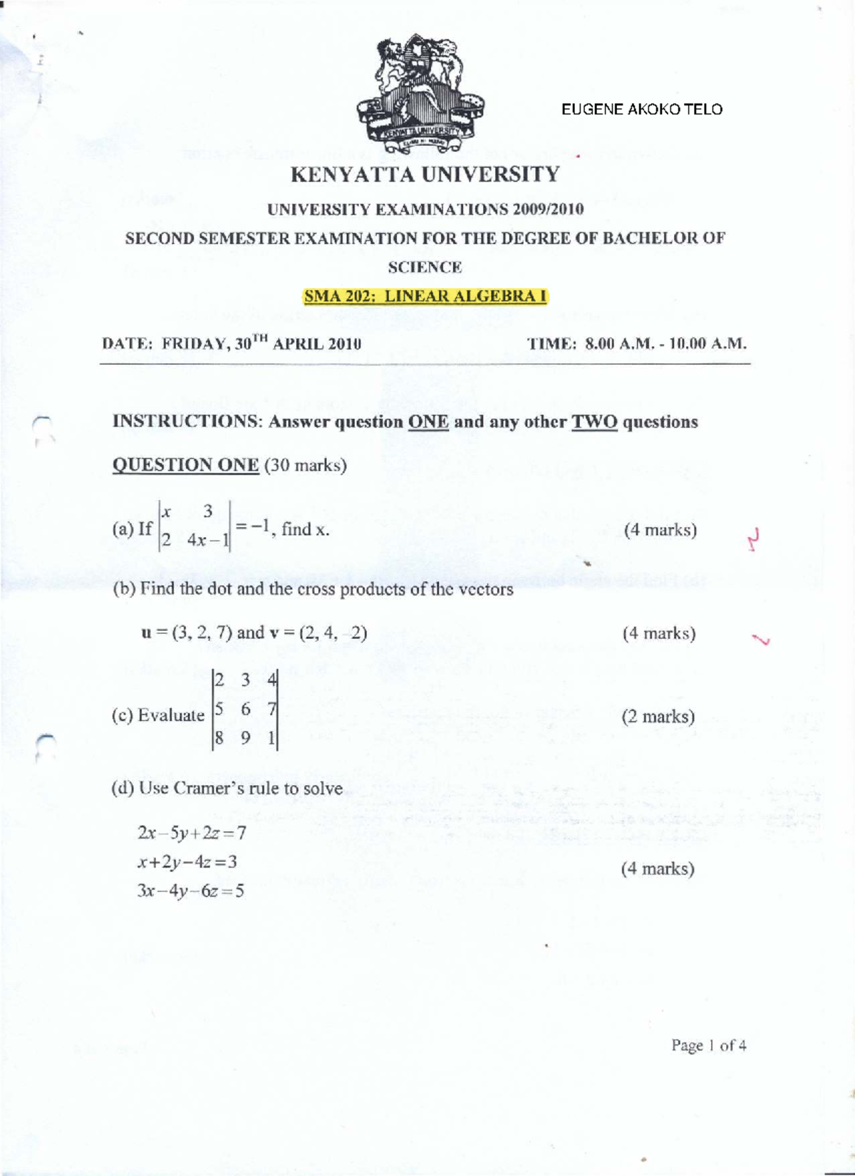 SST 103 Final Exam: Linear Algebra Past Paper by Eugene Telo - Studocu