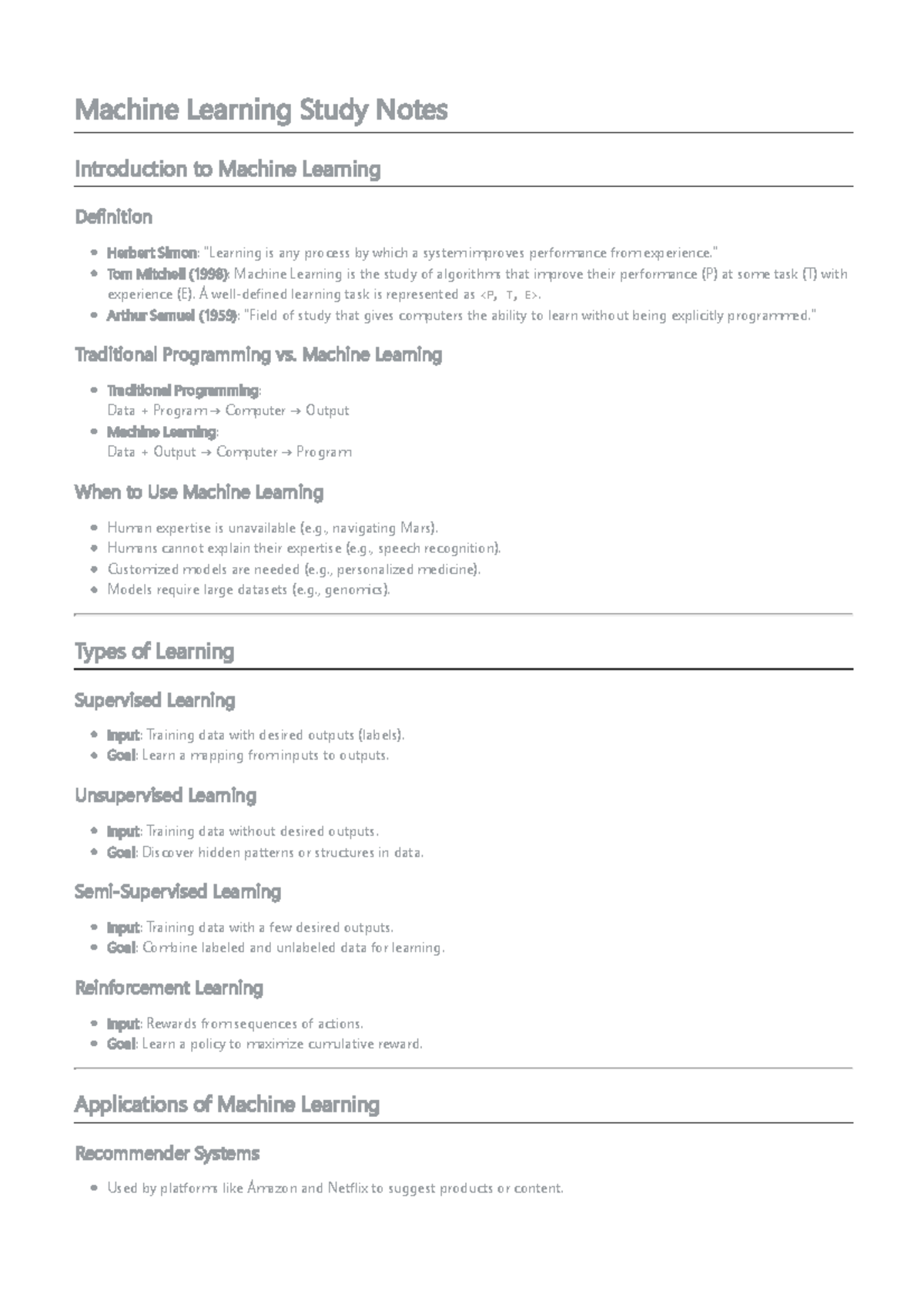 Machine Learning Study Notes: Intro, Types, and Applications - Studocu