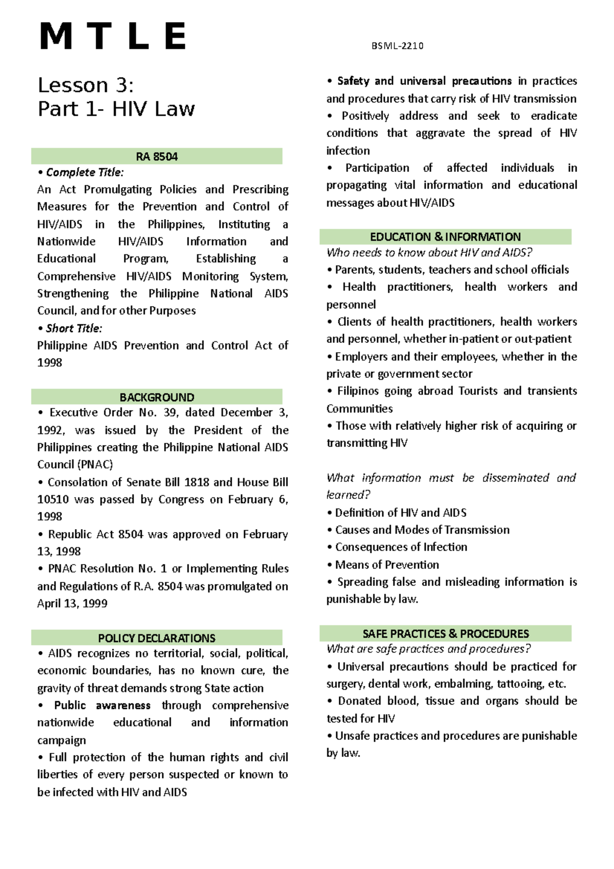 Lesson 4 HIV Law - MTLE - Lesson 3: Part 1- HIV Law RA 8504 Complete Title: An Act Promulgating ...