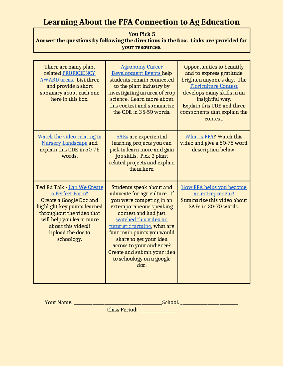 FFA Connection to Ag Education: Choice Board Template Guide - Studocu