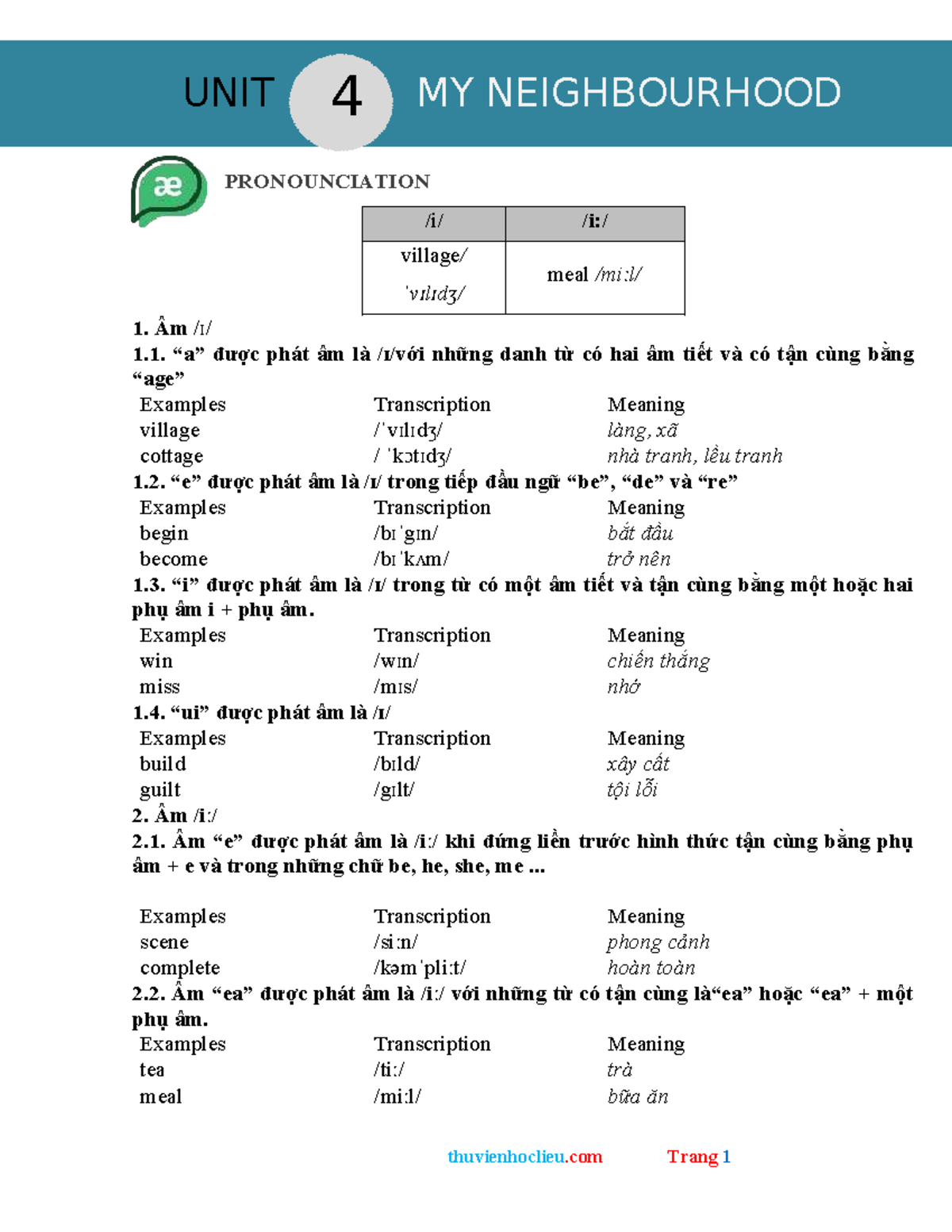 Grade 6 Unit 4: My Neighbourhood - Vocabulary & Grammar Guide - Studocu