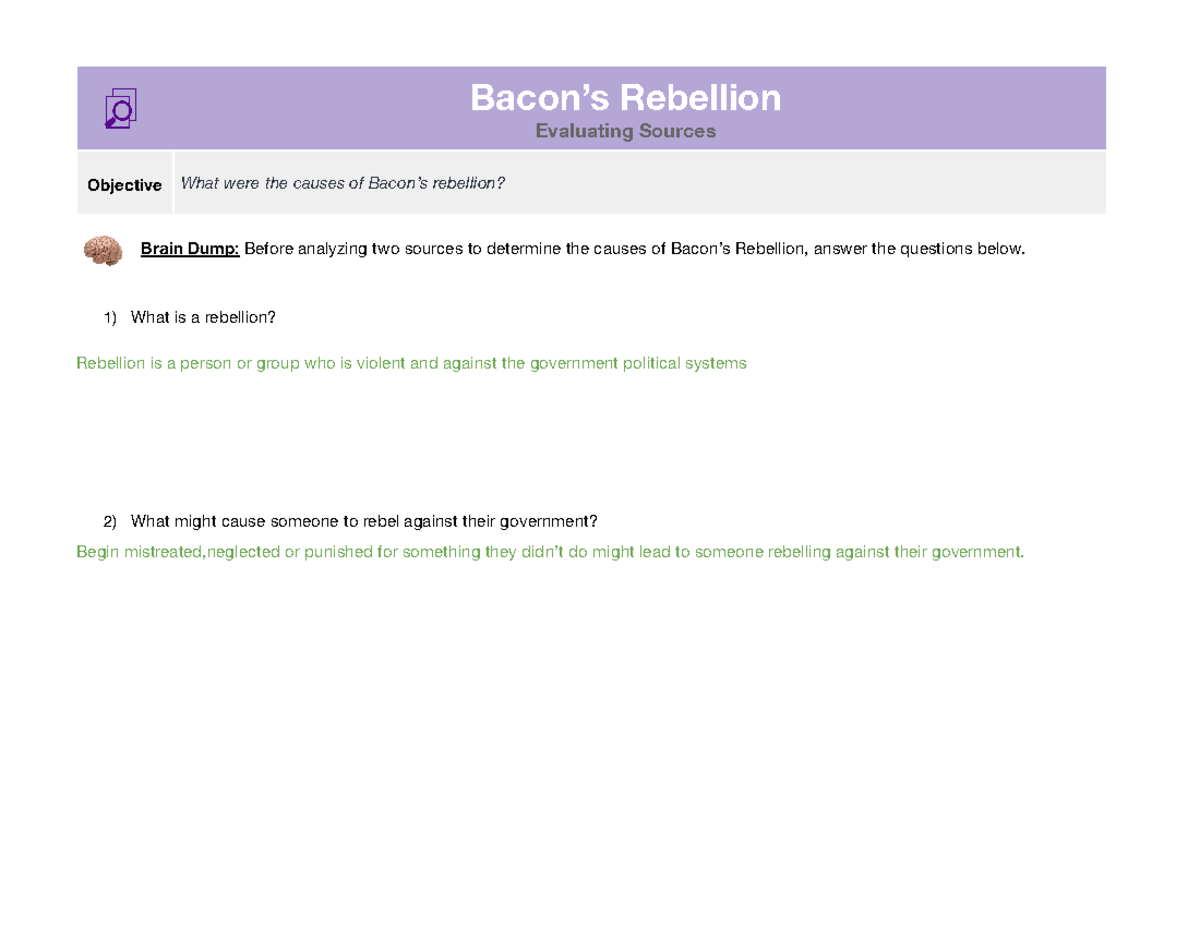 Bacon's Rebellion Assignment: Analyzing Causes and Sources - Studocu