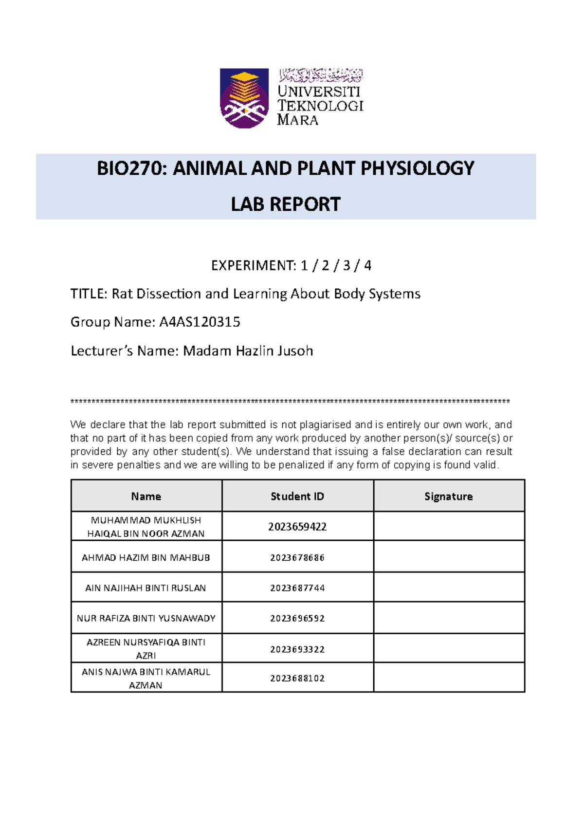 BIO270 Rat Dissection Lab Report: Understanding Animal Physiology - Studocu